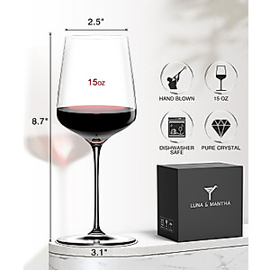 LUNA & MANTHA Wine Glasses Set of 4, 15 oz Hand Blown Crystal Red Wine Glasses, White Modern Wine Glasses with Stem, Ideal Gift for wine Set, Toasting at Weddings or Birthdays