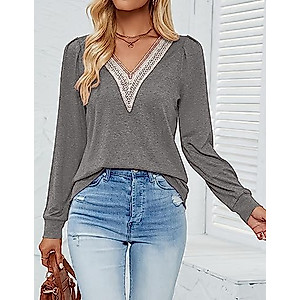ZESICA Women's 2023 Casual Long Sleeve T Shirts Lace V Neck Trendy Basic Tops Summer Fall Tee Blouse,Grey,Large