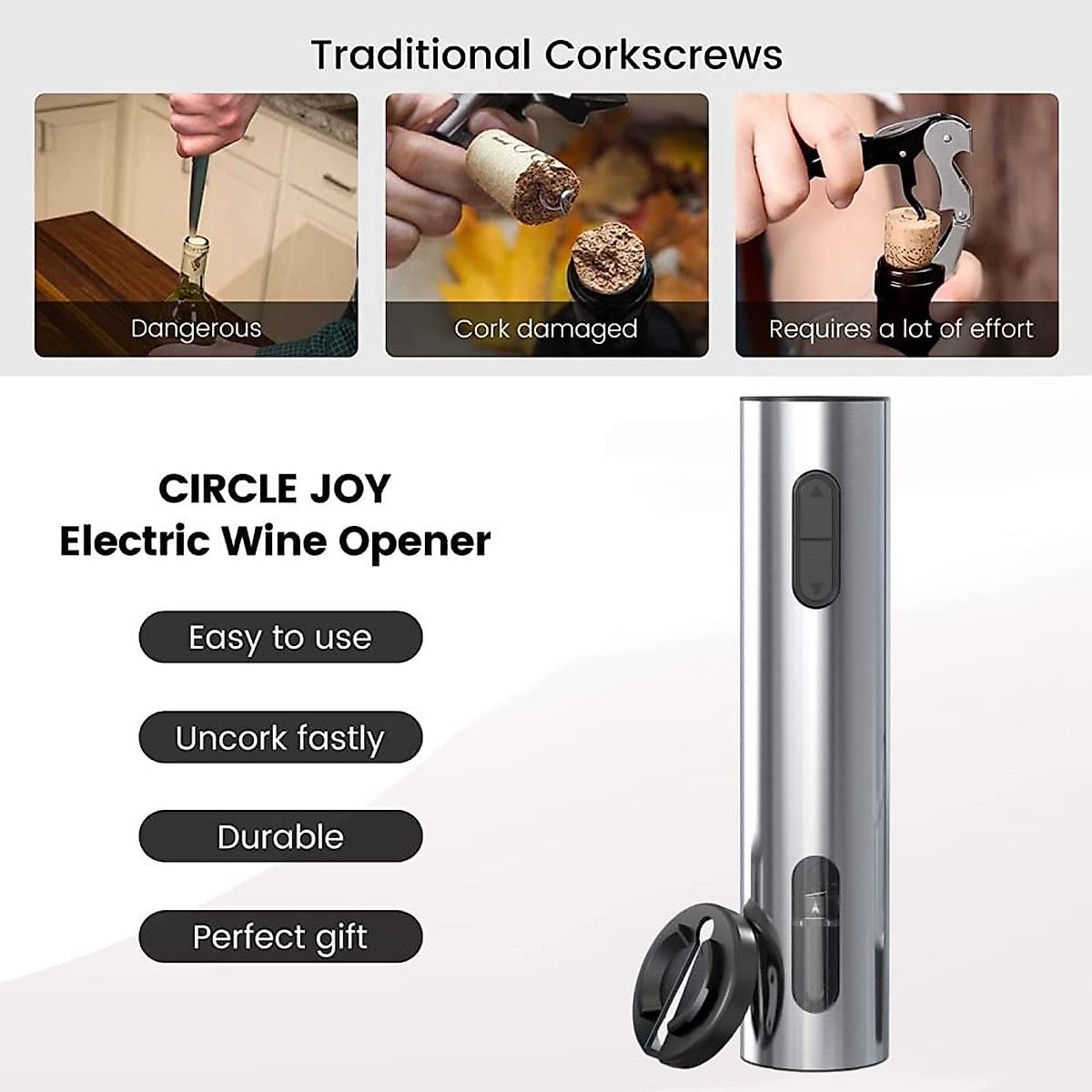 CIRCLE JOY Electric Wine Opener, USB Rechargeable Wine Bottle Opener, Automatic Corkscrew Set, Electronic Wine Opener, Sliver