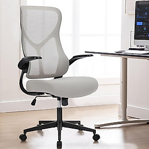 High Back Office Chair Flip up Arms, Desk Chair with Lumbar Support and Wheels Ergonomic Mesh Chair Adjustable Height Work Chair for Home Office, Grey