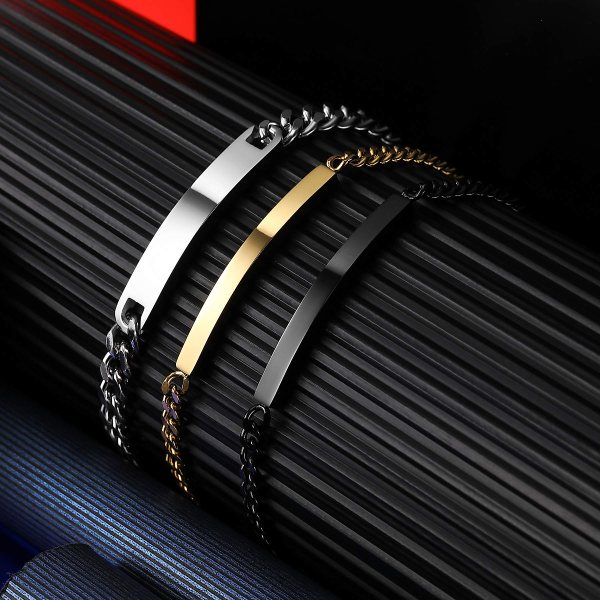 MeMeDIY 2 Pcs Personalized Couple Bracelets Set Custom Engraving Name/Date/Coordinates for Boyfriend Girlfriend Stainless Steel Adjustable Love Matching Relationship Valentine's Gift(Silver Color)