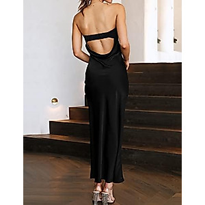 ZESICA Women's Sexy Satin Tube Top Cutout Slim Fit Silky Long Evening Prom Formal Long Dress,Black,Small