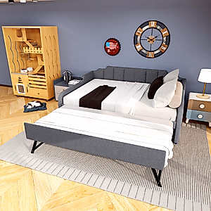 LUSPAZ Upholstered Elegant Daybed with Adjustable Pop Up Trundle and USB Charging Design, Full Size Sofa Bed with Button Design, Wood Slat Support Daybed for Family, Teens, (Gray + Pine)