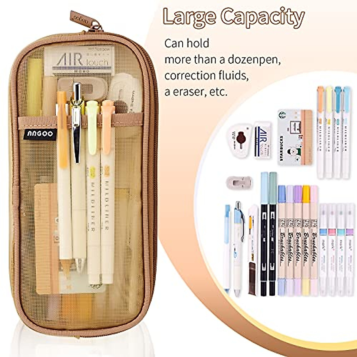 EASTHILL Grid Mesh Pen Pencil Case with Zipper Clear Makeup Color Pouch Cosmetics Bag Multi-Purpose Travel School Teen Girls Transparent Stationary Bag Office Organizer Box for Adluts(Khaki)