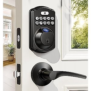 Veise Fingerprint Door Lock with 2 Lever Handles - Keyless Entry Door Lock, Electronic Keypad Deadbolt & Front Door Lock Handle Sets, Auto Lock & 1 Touch Locking, Easy Installation, Matte Black