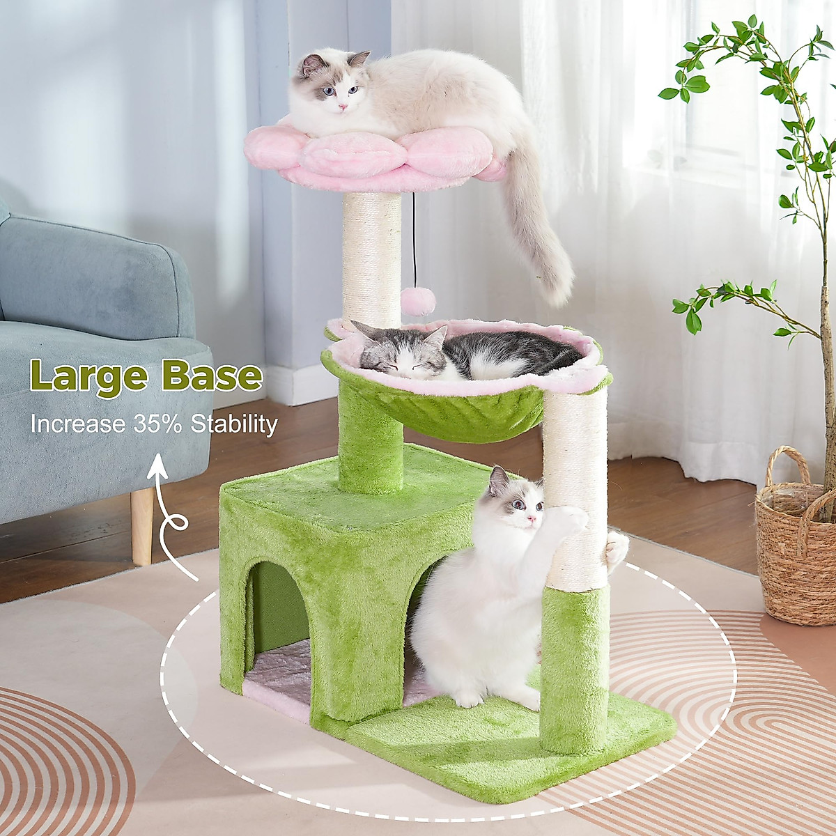 Pawfessor Flower Cat Tree 4 in 1 Cat Scratching Post for Indoor Cats 34" Small Cat Tower for Large Cats, with Full Scratch Posts,15.7”Large Hammock, Removable Perch and Wide Condo for Indoor Cats-Pink