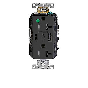 Leviton T5833-HGE Heavy-Duty Hospital Grade, Tamper Resistant, Type A-C USB Charger Receptacles, 20 Amp, Black