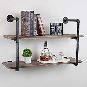 Womio Industrial Pipe Shelving Wall Mounted,Rustic Metal Floating Shelves,Steampunk Real Wood Book Shelves,Wall Shelf Unit Bookshelf Hanging Wall Shelves,Farmhouse Kitchen Bar Shelving(2 Tier,36in)