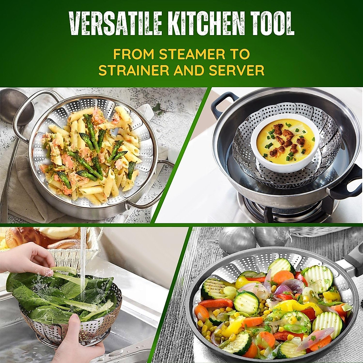 Flexzion Vegetable Steamer Basket for Pot - Stainless Steel Steaming Basket for Veggie, Fish, Meats, Eggs - Extendable Expandable Foldable Steam Basket w/Handle for Various Pot Size, 7 to 11 Inch