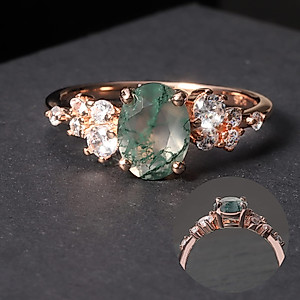Gem's Beauty Birthday Gifts for Her 1.18CT Oval Cut Moss Agate There Stone Engagement Ring in 925 Sterling Silver Women's Gold Ring(Size10)