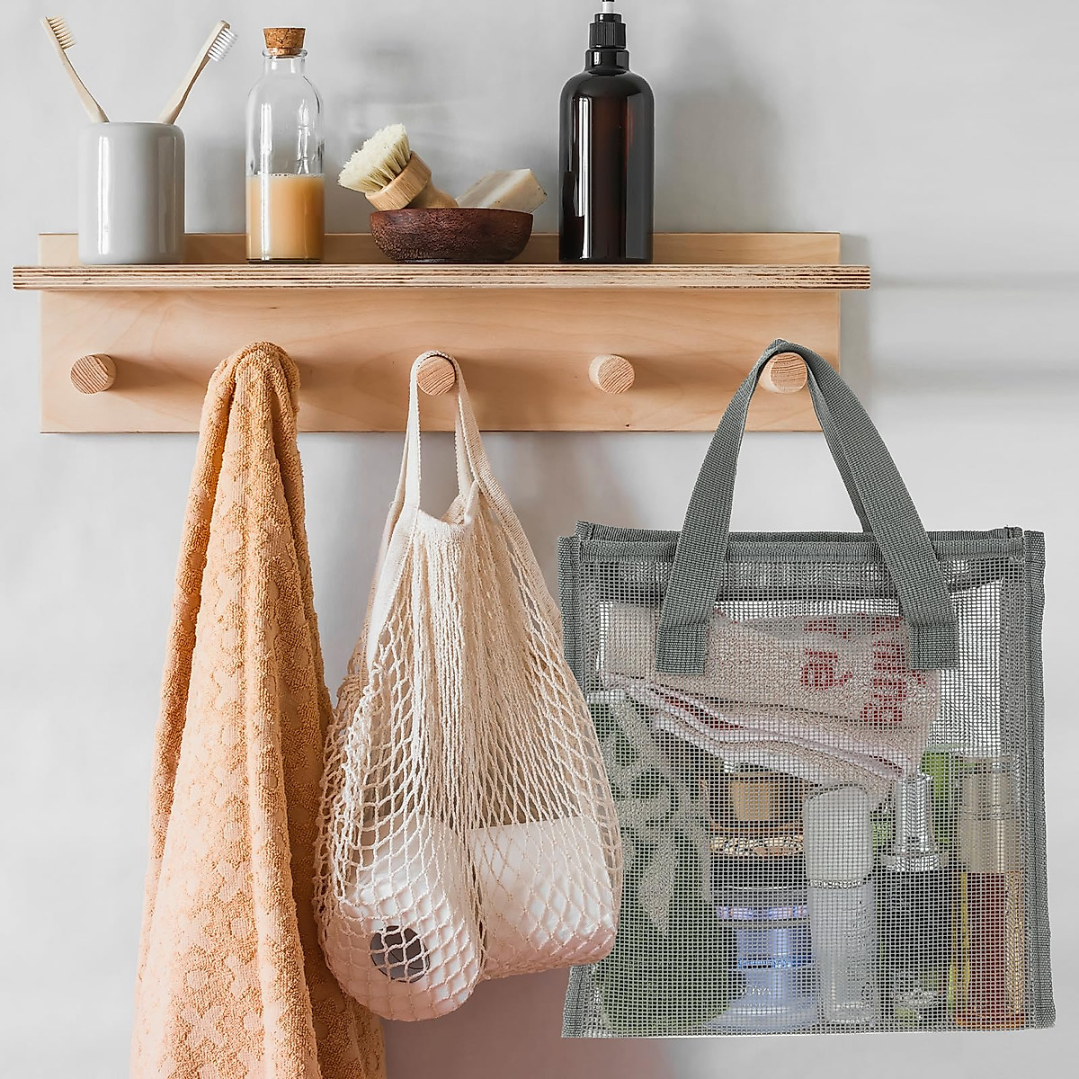 Mozeat Lens Mesh Shower Bag Grey Portable Mesh Shower Caddy Quick-Dry Tote Bag Dorm Toiletry Organizer Gym Shower Mesh Bag for Gym Travel Camping College Dorm Room Bathroom