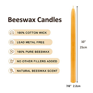 Beeswax Taper Candles, 10 inch Natural Beeswax Tapers Candle Sticks 12 Pack - Unscented and Smokeless - 9 Hours Long Burning Time for Home Decor, Party, Wedding