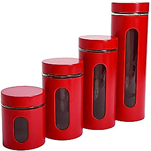 Quality Modern Red Stainless Steel Canister Set for Kitchen Counter with Glass Window & Airtight Lid - Food Storage Containers with Lids Airtight - Pantry Storage and Organization Set