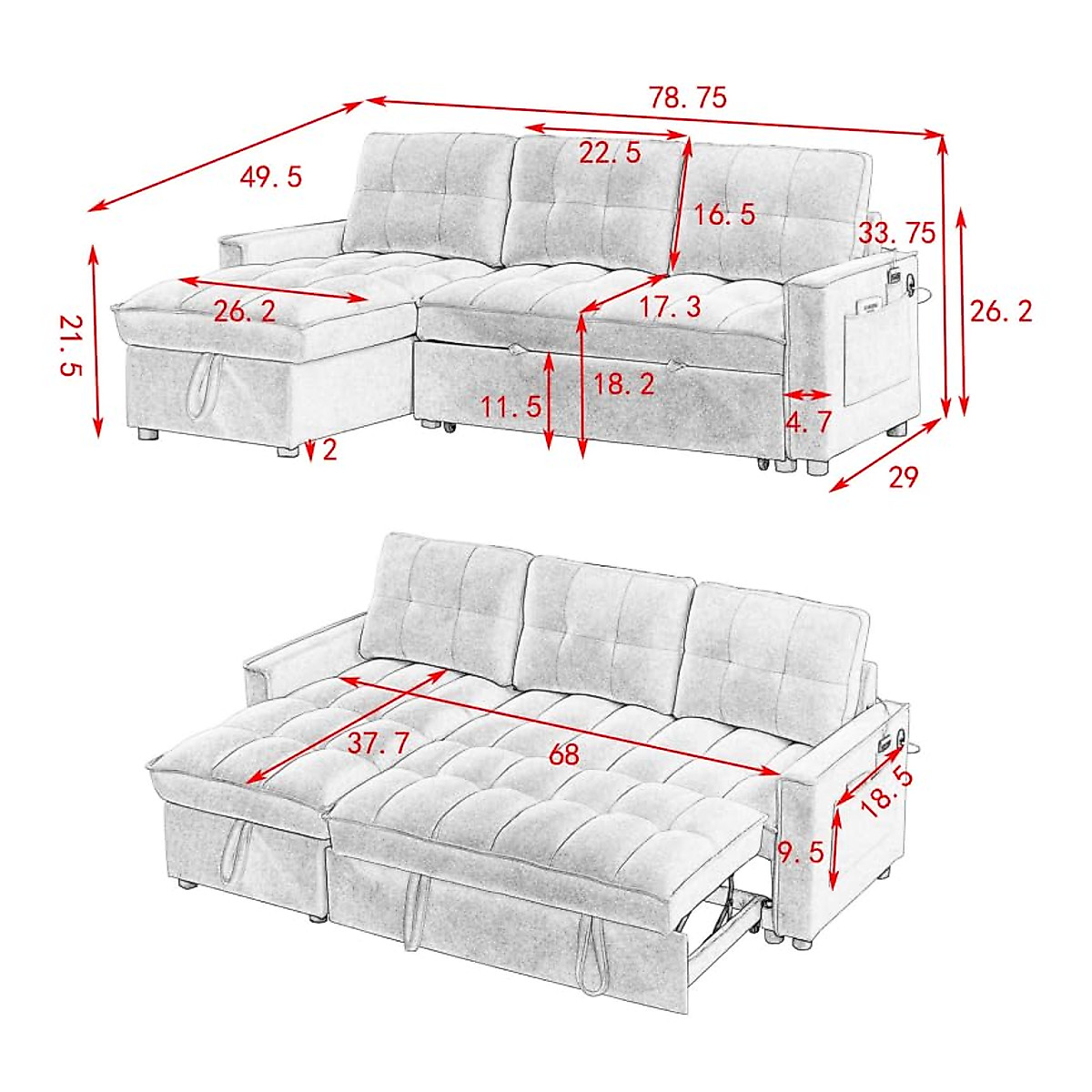 ERYE L-Shaped 3-Seaters Reversible Sleeper Sectional Sofa W/Pull Out Couch Bed and Storage Chaise for Living Room, Chenille Tufted Upholstered Convertible Sofabed with USB and Type-C Charging Ports