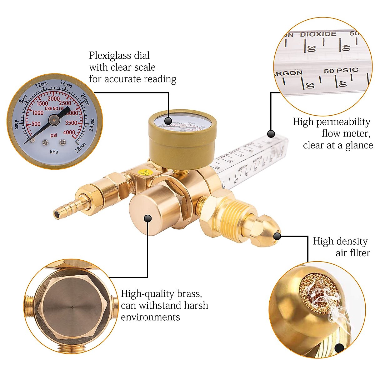 Argon/CO2 Flow Meter Gas Regulator Compatible with Mig Tig Welder Regulator with 6.6FT Gas Hose 10 to 60 CFH Output Flow 0 to 4000 PSI - CGA-580 Inlet argon flow gauge welding regulator