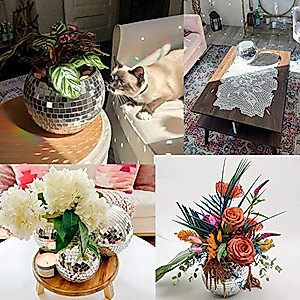 Veramz Disco Ball Planter 8" - Hanging Disco Ball Planter Pot with Macrame Rope Chain and Wooden Stand - with Drainage Hole and Plug - Mirror Ball Disco Decor Hanging Planter for Indoor Plants(Silver)