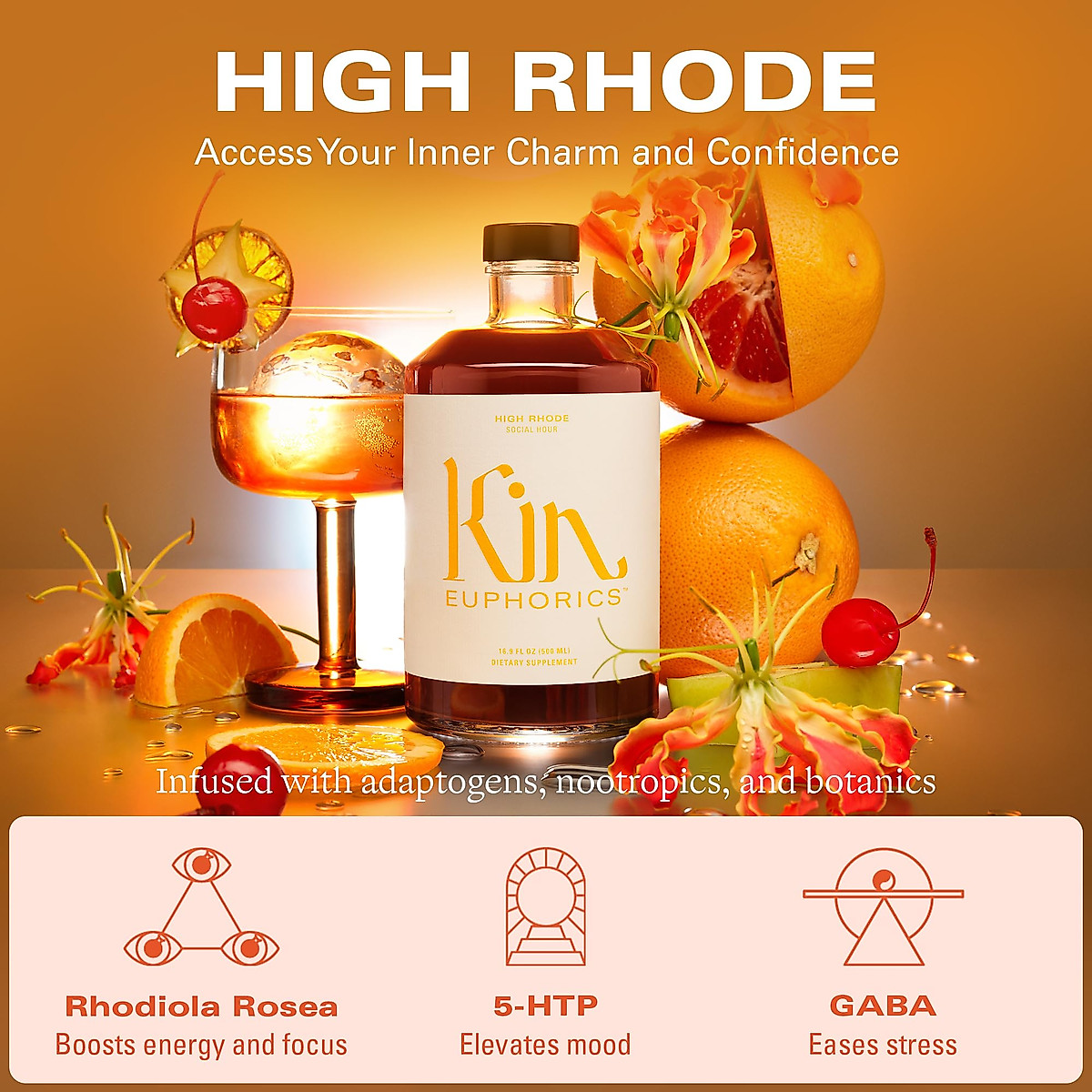 Kin Euphorics High Rhode Non-Alcoholic Aperitif | Elevate Your Social Hour | Adaptogens, Nootropics & Botanicals | Rhodiola Rosea, 5-HTP, GABA | Citrus, Bitters & Spices | 16.9 fl oz