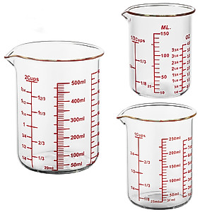 3 Piece Glass Measuring Cup Set, Includes 1/2-Cup, 1-Cup, and 2-Cup High Borosilicate Glasss Liquid Measuring Cups, Dishwasher, Freezer, Microwave, and Preheated Oven Safe, Essential Kitchen Tools