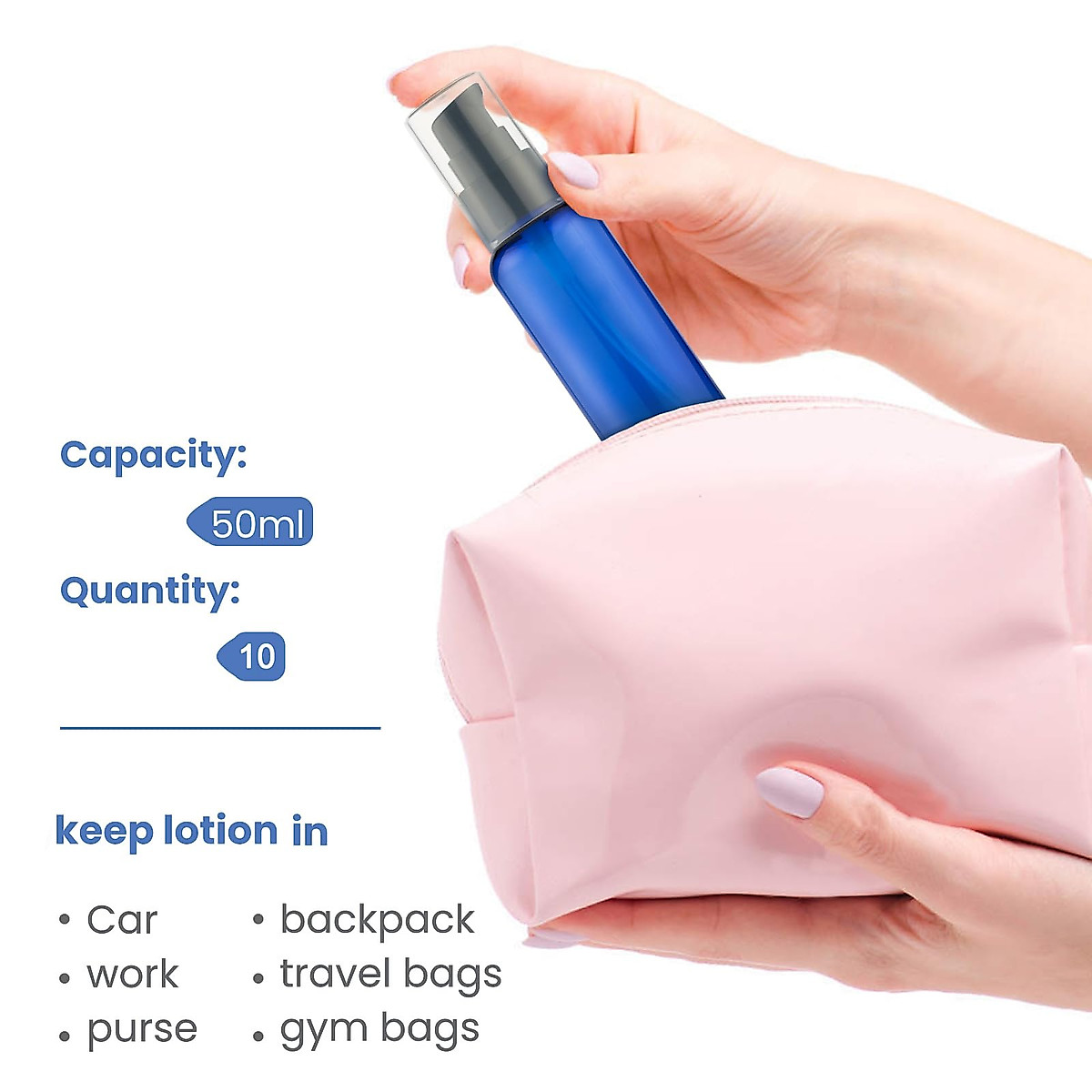 VIDELLY 10 Pieces Travel Pump Bottles for Toiletries 2oz Small Pump Bottles Clear Travel Bottle Plastic Empty Spray Bottle Dispenser With Black Cap For Lotion Cream Essential Oil,50ml Blue (Blue,