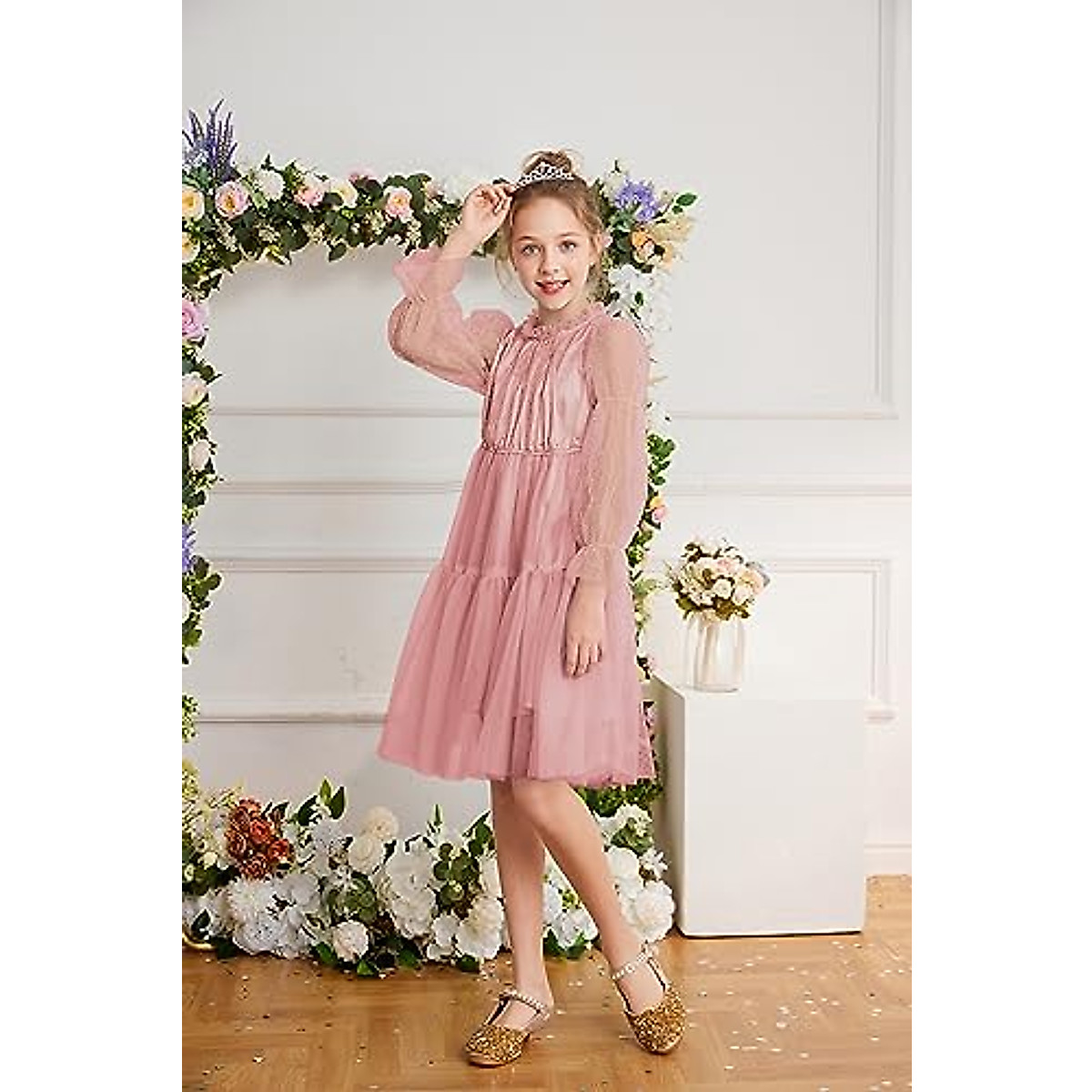 GRACE KARIN Girls Pink Dress Mesh Long Sleeve Flared Party Dresses Size 5-6 Fall Flower