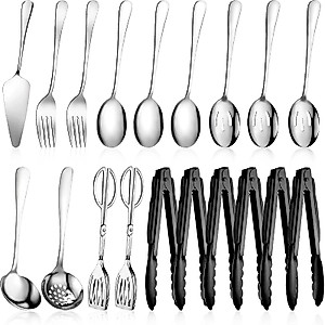 Tanlade 19 Pcs Stainless Steel Serving Utensils Set Flatware Include Spoons Forks Slotted Spoons Soup Ladle Skimmers Pie Server Serving Tongs for Home Buffet Party Breakfast Dinner(Silver, Black)