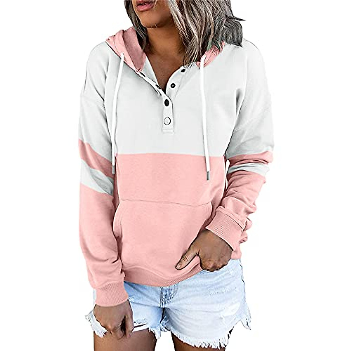 Winnerlion Hoodies Pullover for Womens Button Down Drawstring Hooded Pocket Casual Long Sleeve V Neck Sweatshirts (Pink, S)