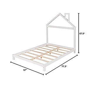 Lifeand Full Size Wood Platform Bed with House-Shaped Headboard for Kids Teens,No Box Spring Required,White