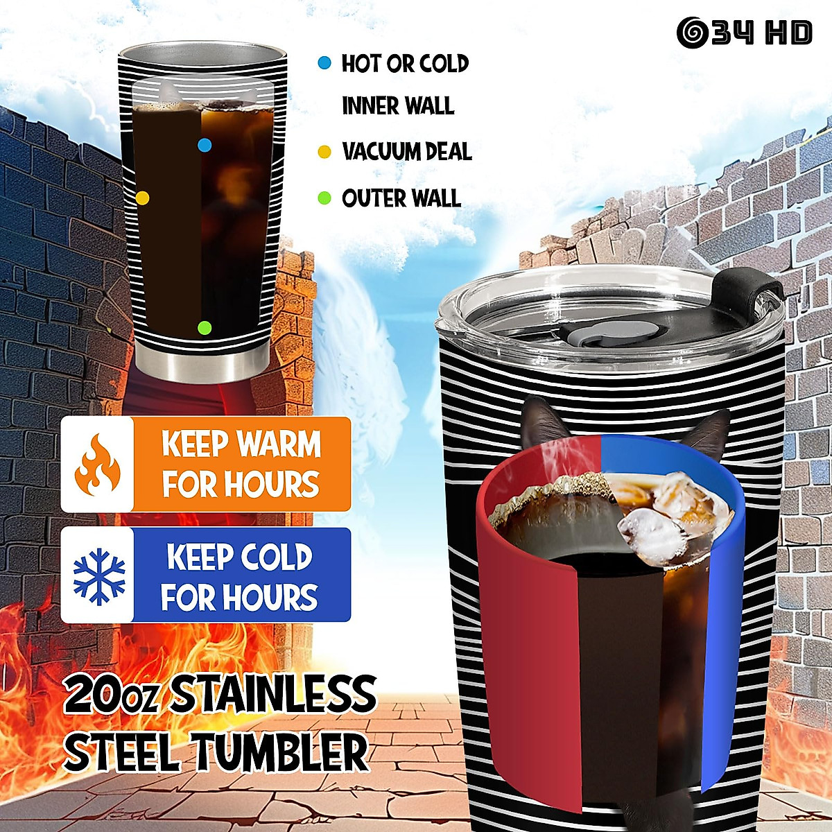 34HD Black Cat Tumbler with Lid, 20 oz Stainless Steel Vacuum Insulated Hide and Seek Mug Kitty, Funny Cat Gifts for Men Women Mothers Day Birthday Christmas