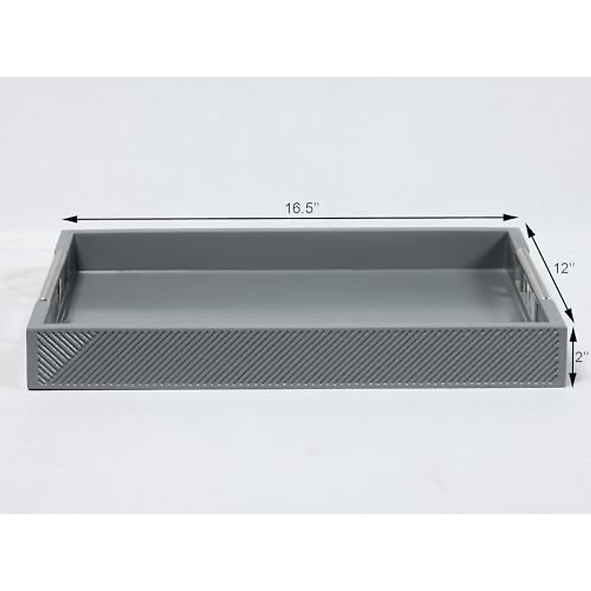 Serving Tray with Polished Metal Handles, 16.5''x12'' Rectangle Coffee Table Tray, Modern Decorative Tray, Large Ottoman Tray, Perfect for Storage and Display (Grey)