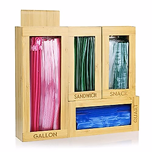MOOTCHA Bamboo Ziplock Bag Organizer for Kitchen Drawer w/Bigger Quart Size - Food Storage Bag Organizer compatible w/Slider/Freezer Bags - Snack, Quart, Sandwich, and Gallon Bags Dispenser