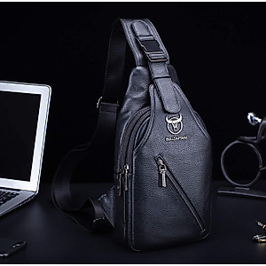 BULLCAPTAIN Genuine Leather Men Sling Bag Casual Travel Hiking Chest Bag Crossbody Shoulder Backpack