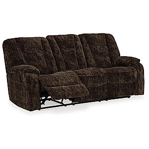 Signature Design by Ashley Soundwave Contemporary Manual Reclining Sofa with Drop Down Table, USB Ports and Cup Holders, Dark Brown
