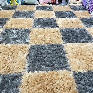 Shaggy Interlocking Foam Mats,36 Pcs-36 Sq.ft. Plush Puzzle Floor Carpet Tiles,Cold Protection,Playroom,Home Decor,12x12 Inch(Color:Apricot+Grey)