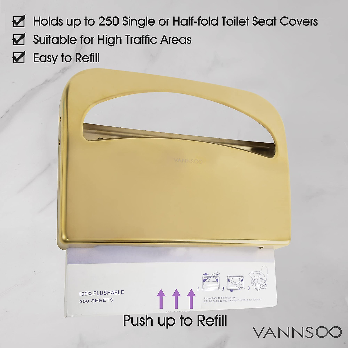 VANNSOO Toilet Seat Cover Dispenser - Stainless Steel Wall Mount Toilet Seat Cover Holder for Commercial Bathroom, 250 Single or Half Fold Seat Covers Capacity (Gold)