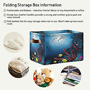 Sea Ocean Animal Dolphin Fish Storage Bin Canvas Toys Storage Basket Bin Large Storage Cube Box Collapsible with Handles for Home Office Bedroom Closet Shelves,1 pc