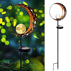 FERTGO Garden Solar Light Outdoor Decorative, Moon Decor, Crackle Glass Ball Metal Garden Stake Light for Pathway, Lawn, Patio, Yard