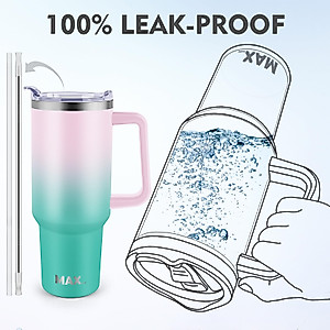 MaxBase 40 Oz Tumbler with Handle and Straw Lid, Insulated Reusable Stainless Steel Travel Mug Keeps Drinks Cold up to 34 Hours, 100% Leakproof Bottle (PinkGreen)