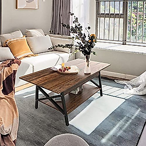 Yesker Farmhouse Coffee Table, Industrial Rustic Coffee Table Heavy Duty Two Tier Coffee Tea Table 45” with Shelf for Living Room, Accent Cocktail Table with Stronger Metal Frame Thicker Leg
