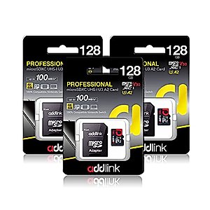 addlink MicroSDXC 128GB 3-Pack + Adapter UHS-1 U4 V30, Compatible for Android Smartphones, Camera, Dash Cam Tablets, Go Pro, DJI Drone & Fire Tablet (ad128GBMSXU3AX3)