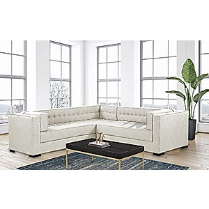 Iconic Home Lorenzo Right Facing Sectional Sofa L Shape Linen-Textured Upholstered Tufted Shelter Arm Design Espresso Finished Wood Legs Modern Transitional, Ecru