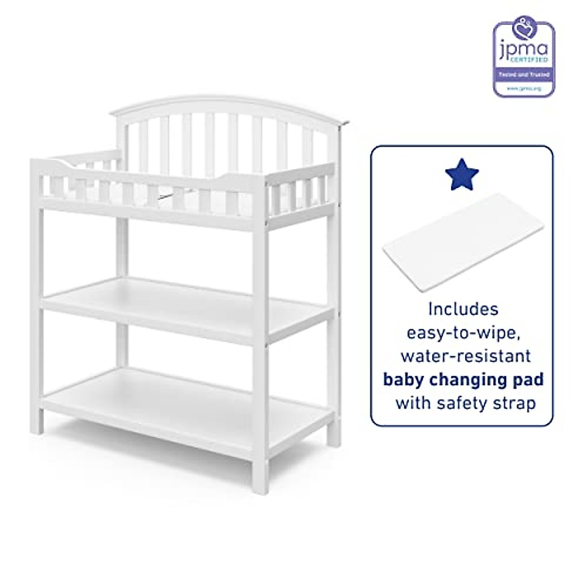 Graco Changing Table with Water-Resistant Change Pad and Safety Strap, White, Multi Storage Nursery Changing Table for Infants or Babies