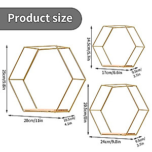 Wall Mounted Hexagonal Floating Shelves Set of 3 in Different Sizes, Modern Metal Wall Shelf, Simple Wood Partition Storage Shelves, Wall Decor Rack for Bedroom, Living Room, Kitchen and Office