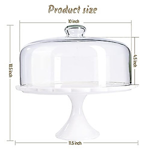 11 Inch Porcelain Cake Stand with 10 Inch Glass Dome Cover, ANMEISH White Ceramic Cake Stand with Lid