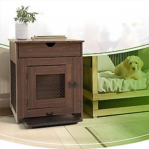 PURRPAXZ Dog Kennel Furniture, Wooden Dog Crate End Table Under 25 lbs, metal mesh Dog Crate Indoor Kennel for with Storage Drawer & Cushion & Tray for bedrooms(Brown)