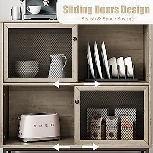 IDEALHOUSE Coffee Bar Cabinet, Farmhouse Sideboard Buffet Cabinet with Storage, Wine Liquor Bar Cabinet with Metal Sliding Door, Wood Accent Cabinet for Kitchen, Dining Room, Living Room, Grey
