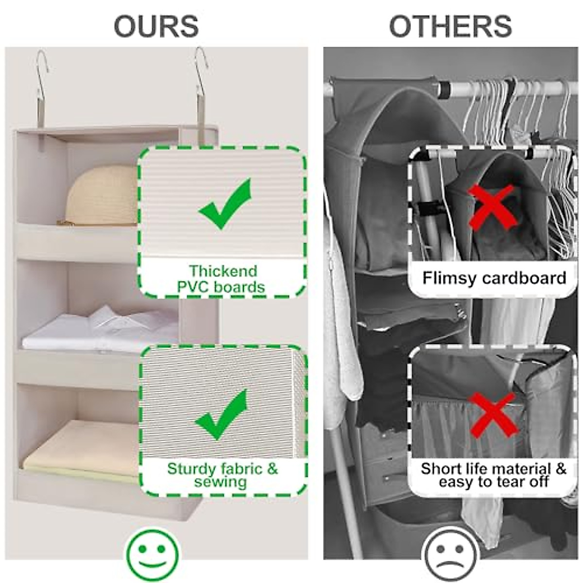 TOPIA HOME 3-Shelf Hanging Closet Organizer, Upgraded Thickened Fabric Hanging Closet Shelves, Collapsible Closet Organizers and Storage Organization, 12.2" W X 12.2" D X 31.0" H, Beige/Gray, 1 Pack