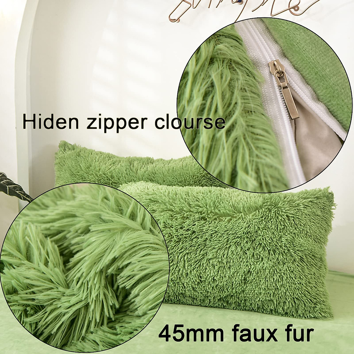 MorroMorn Decorative Pillows Covers, 2 Packs Faux Fur Pillow Cases, Luxury Shaggy Throw Pillowcase Cushion Shams with Zipper Closure Home Decor for Couch Sofa Bed Room (Green, King/Cali King)