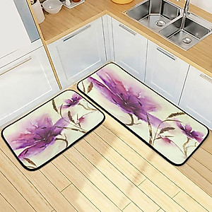 xigua 2 Pieces Purple Flower Kitchen Rugs and Mats Set Absorbent Soft Microfiber Bath Mat Non-Slip Doormat Laundry Runner Set, 19.7"x47.2"+19.7"x27.6"