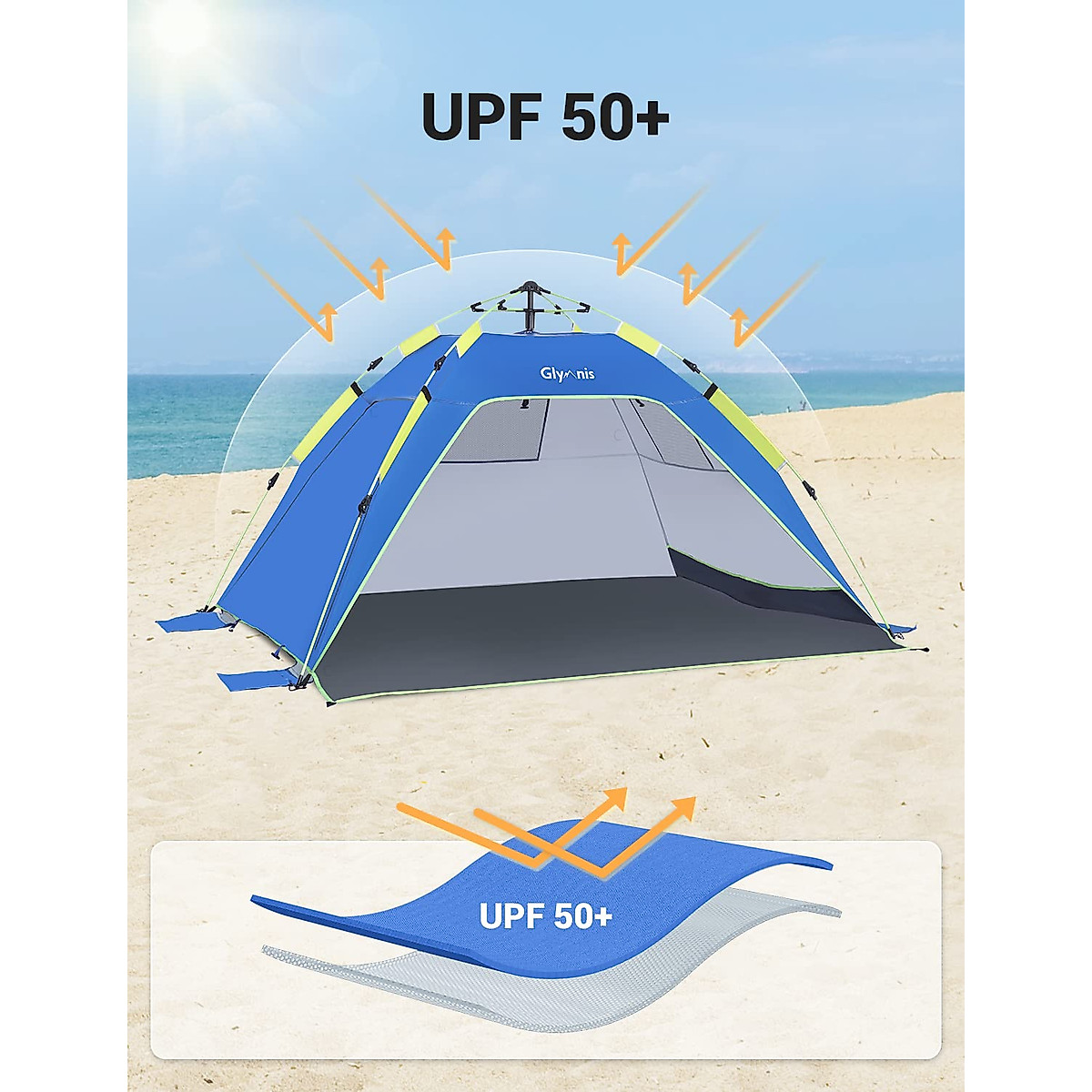 Glymnis Pop Up Beach Tent Sun Shade Shelter for 4 Person with UPF 50+ Easy Setup, 3 Ventilation Windows, Extended Floor Family Instant Beach Tent