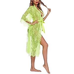 Avidlove Women Sexy Long Lace Lingerie Kimono Robe Sheer Babydoll Nightgown Nightdress Lemon Yellow